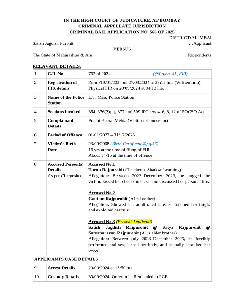 Note - Satyajit Purohit POCSO | PDF | Bail | Assault