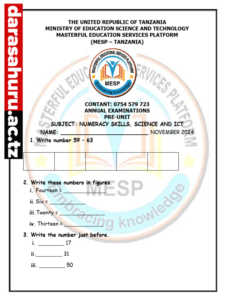 Darasahuru - Ac.tz Pre Unit, Nov Annual Exam-Mesp Tanzania-11-13 | PDF