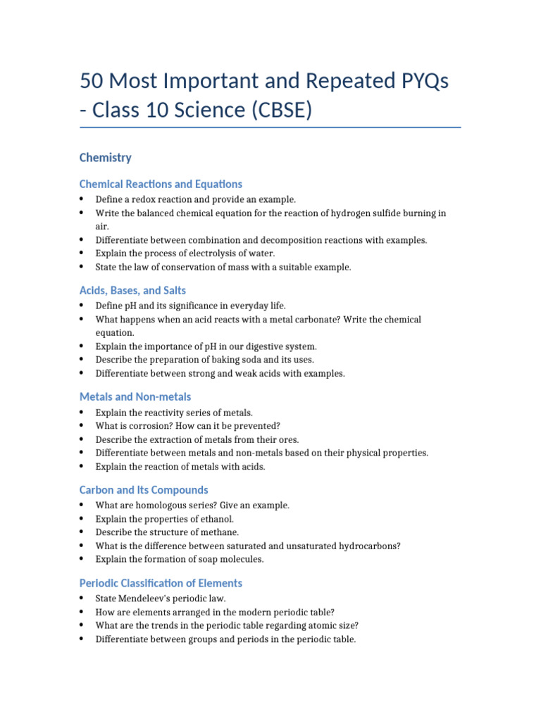 Class 10 Science PYQs Overview | PDF | Chemical Reactions | Reproduction