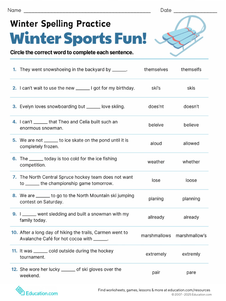 Winter Spelling Practice Winter Sports Fun | PDF