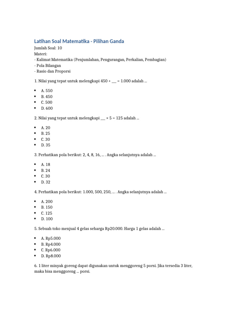 Latihan_10_Soal_Rasio_Proporsi_Pola | PDF