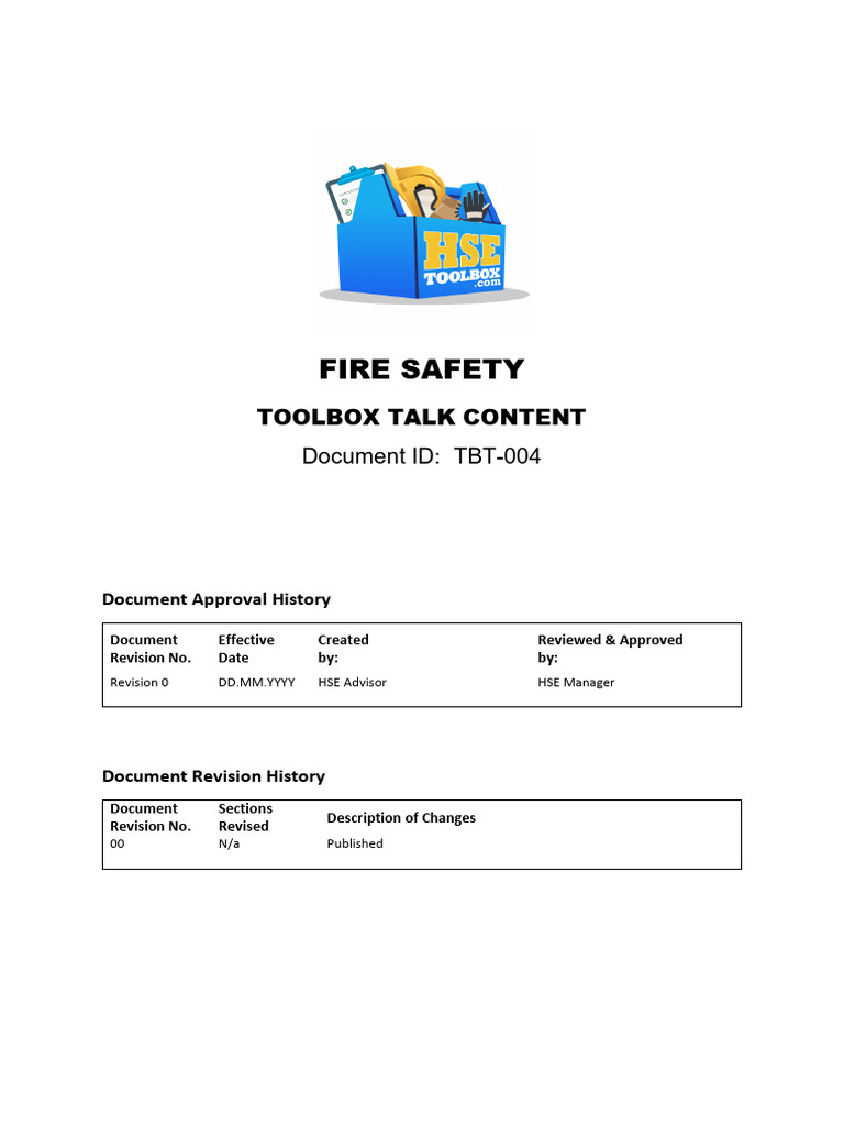 TBT 004 Fire Safety Toolbox Talk | PDF | Fire Safety | Occupational ...