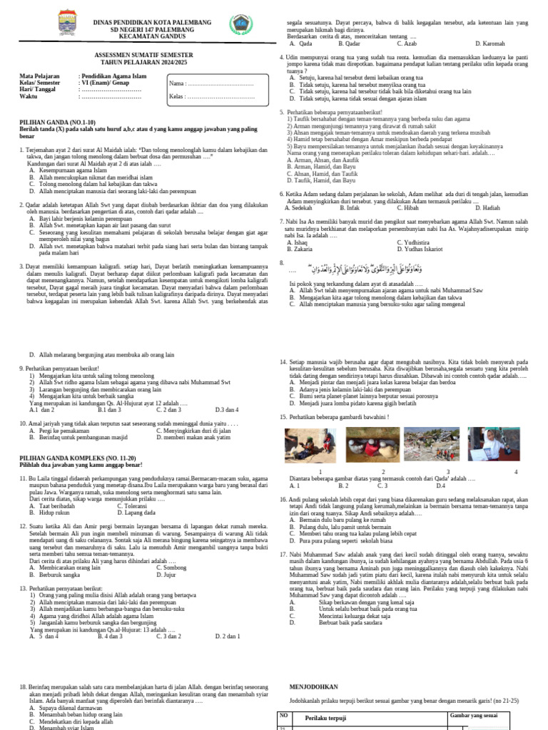 Soal Pai KLS 6 2024-2025 | PDF