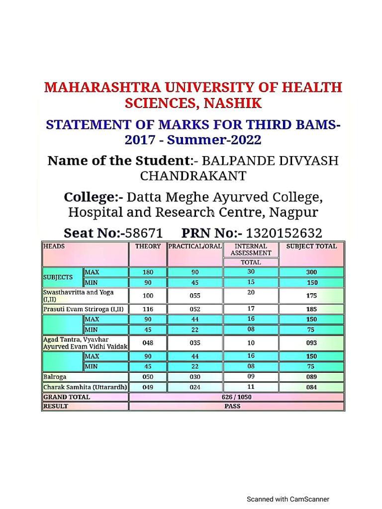 3rd Yr Marksheet | PDF