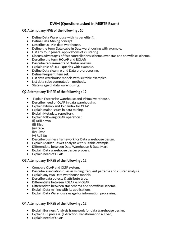 DWM (Questions Asked in MSBTE) | PDF | Data Warehouse | Information ...