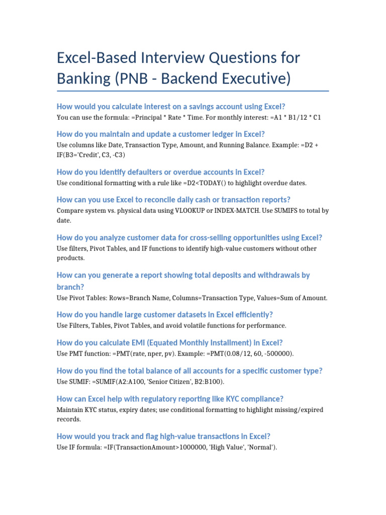 PNB Backend Executive Excel Interview QA | PDF