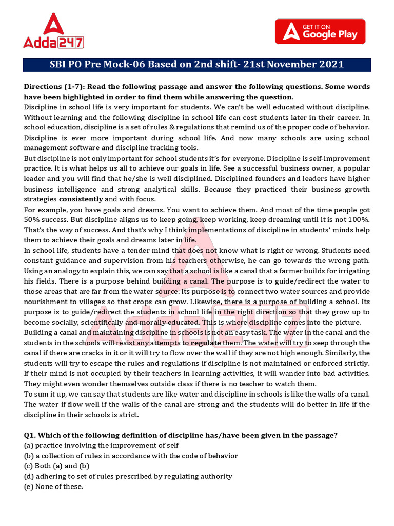 SBI PO Pre Mock 06 Based On 2nd Shift 21st November 2021 | PDF | Disciplines