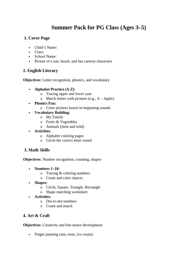 Summer Activities for PG Class 3-5 | PDF