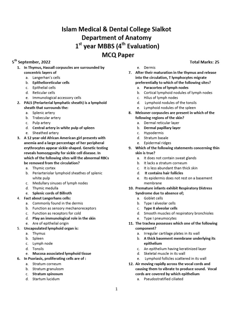 4th Evaluation MCQS With KEY 1st Yr MBBS 05-09-22 | PDF | Lymph Node ...