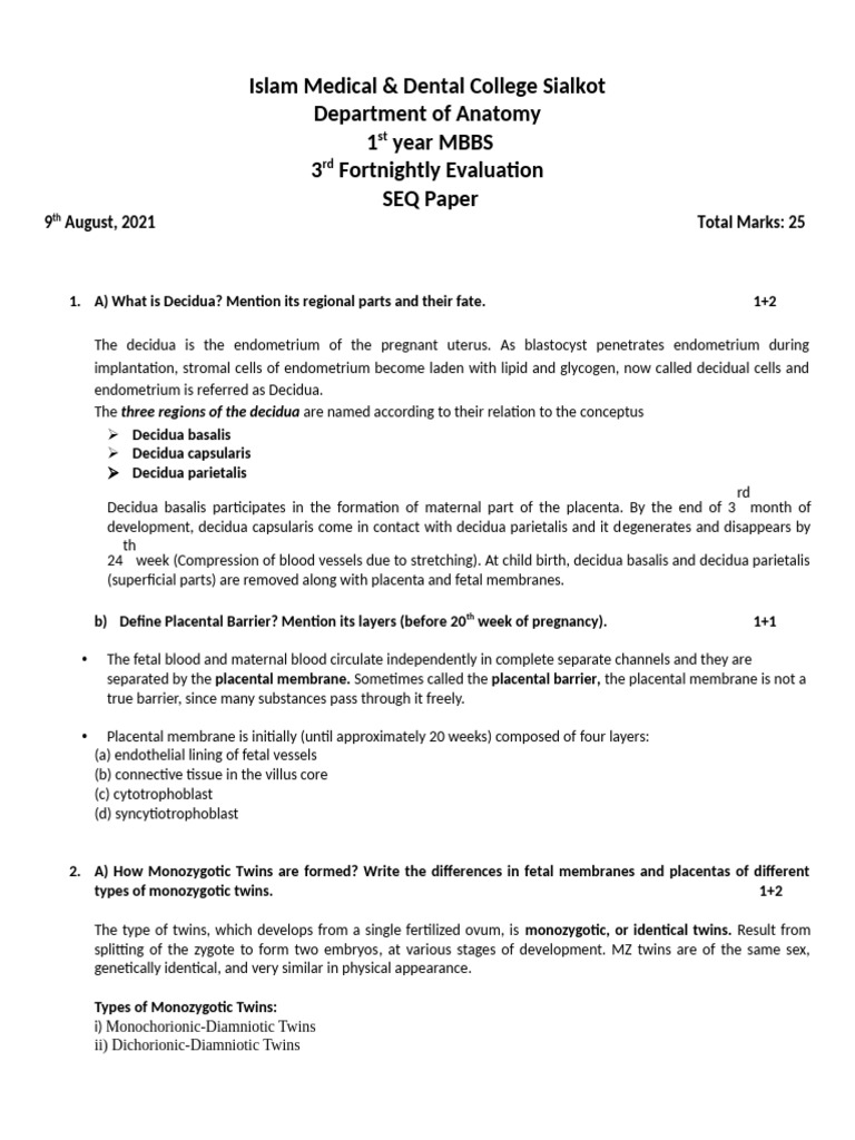 SEQ Key 3rd Final Fortnightly Evaluation 1st Yr MBBS 09-08-21 | PDF | Vertebra | Vertebral Column