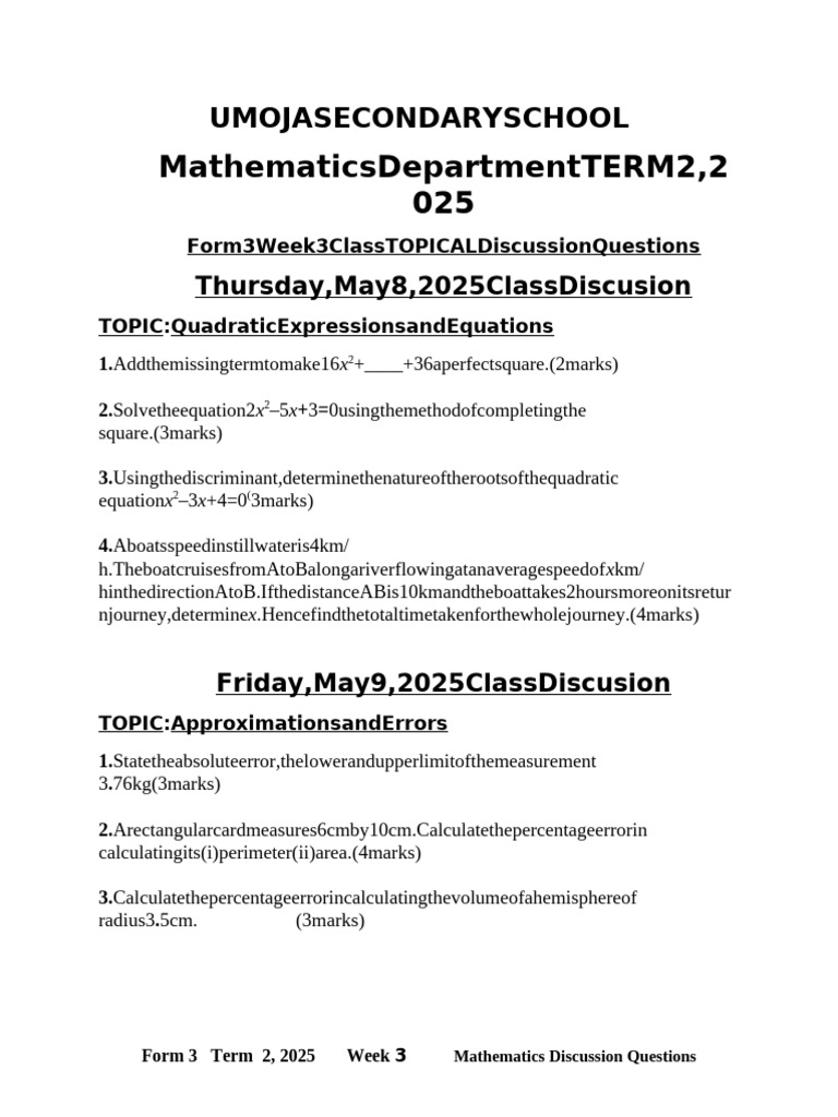 Form 3 W3 Maths Discussions Qns-1 | PDF