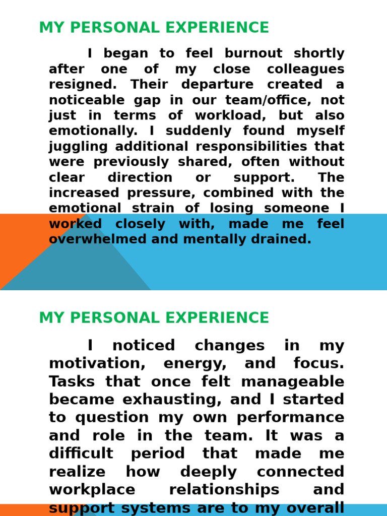 My Personal Experience - Presentation | PDF | Occupational Burnout ...