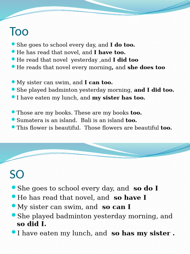 English Grammar: "Too" and "So" Usage | PDF