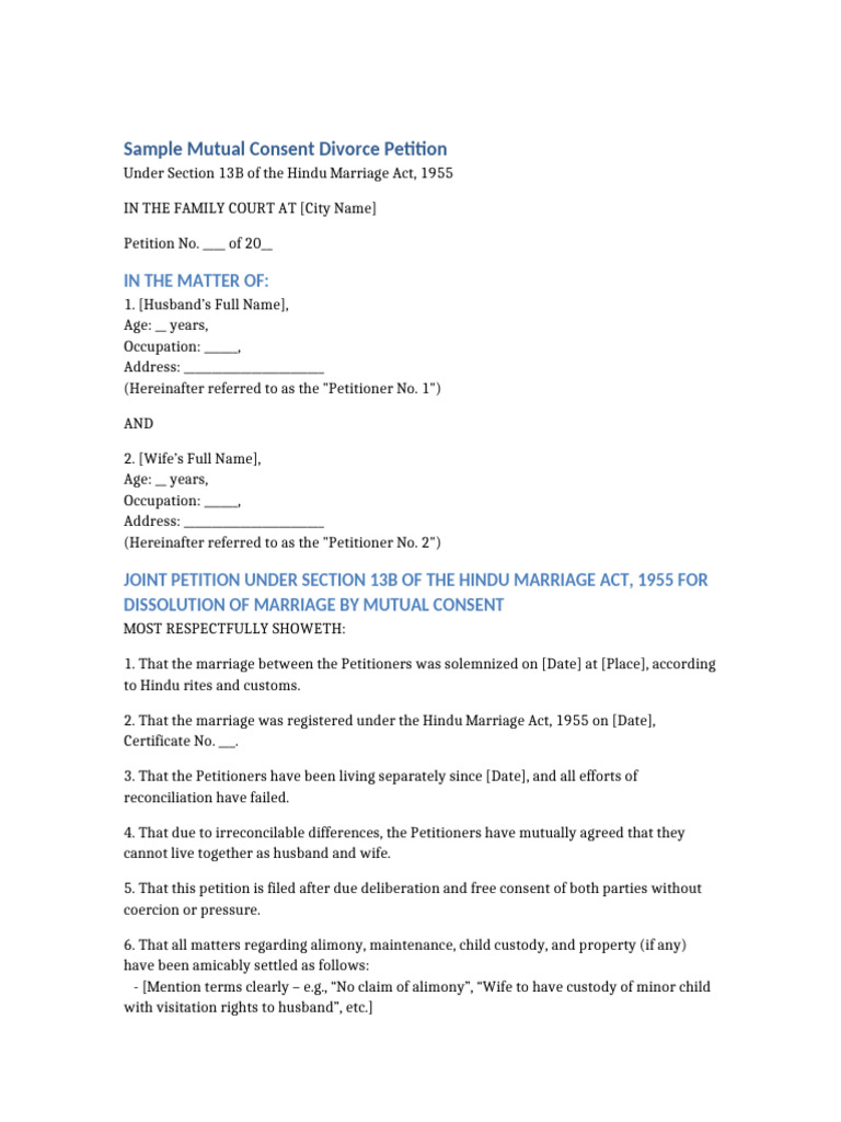 Mutual Consent Divorce Petition Format | PDF