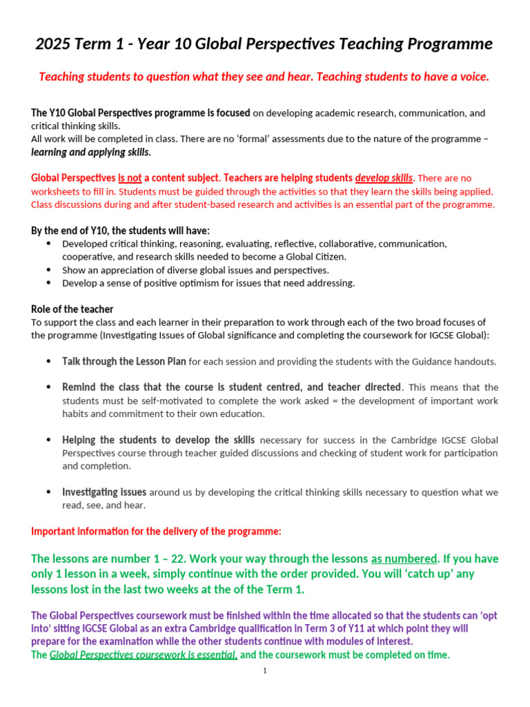 Year 10 Global Perspectives Program Overview | PDF | Critical Thinking ...