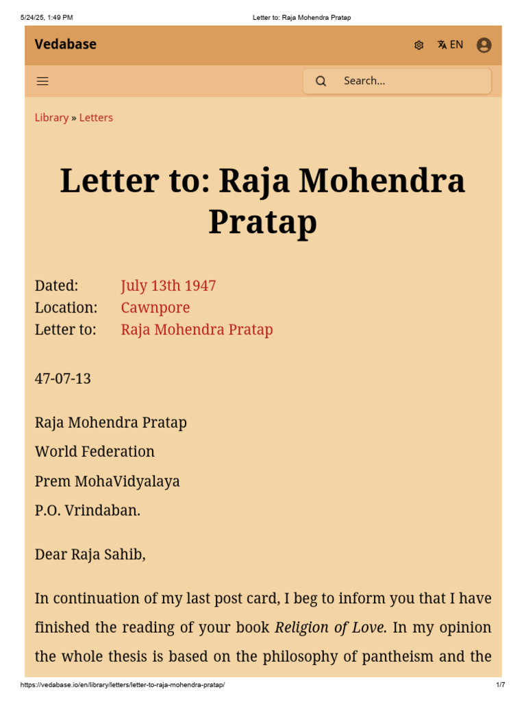 Letter To - Raja Mohendra Pratap | PDF | Bhagavad Gita