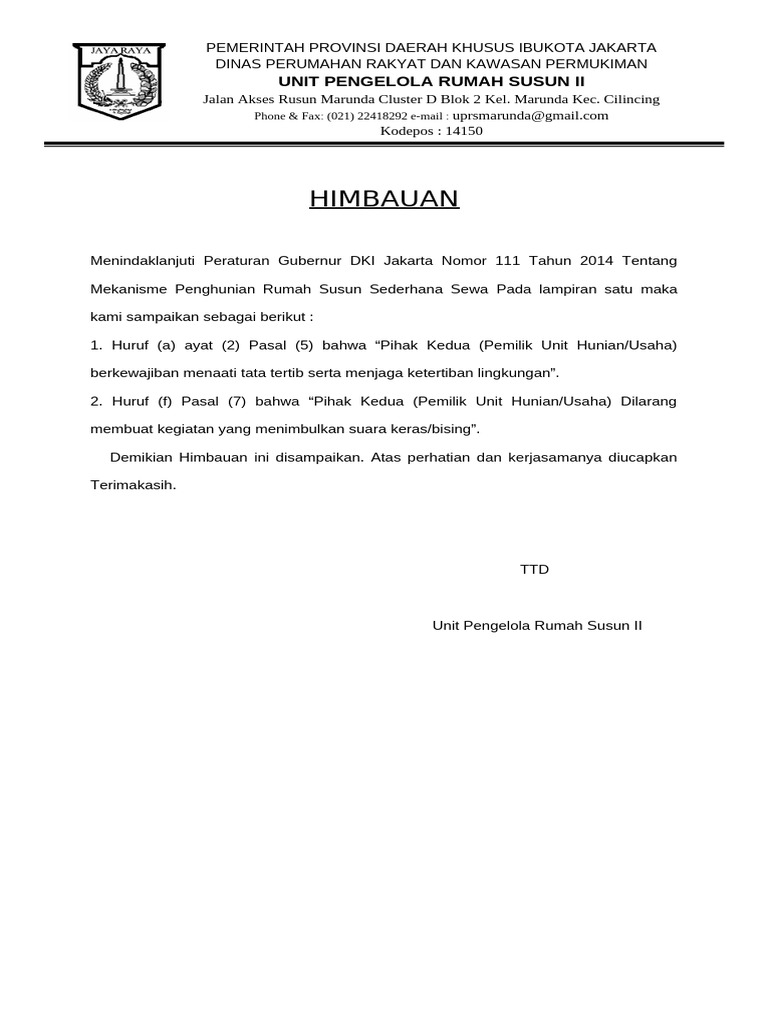 Himbauan Tata Tertib Lingkungan Rusun | PDF