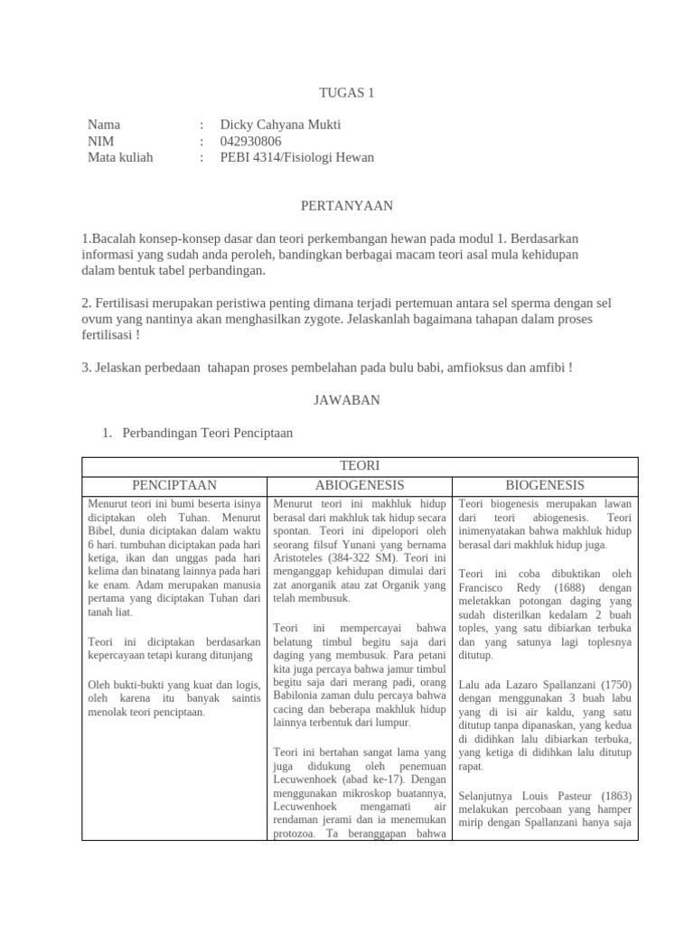 Tugas 1 PEBI 4310 Perkembangan Hewan | PDF