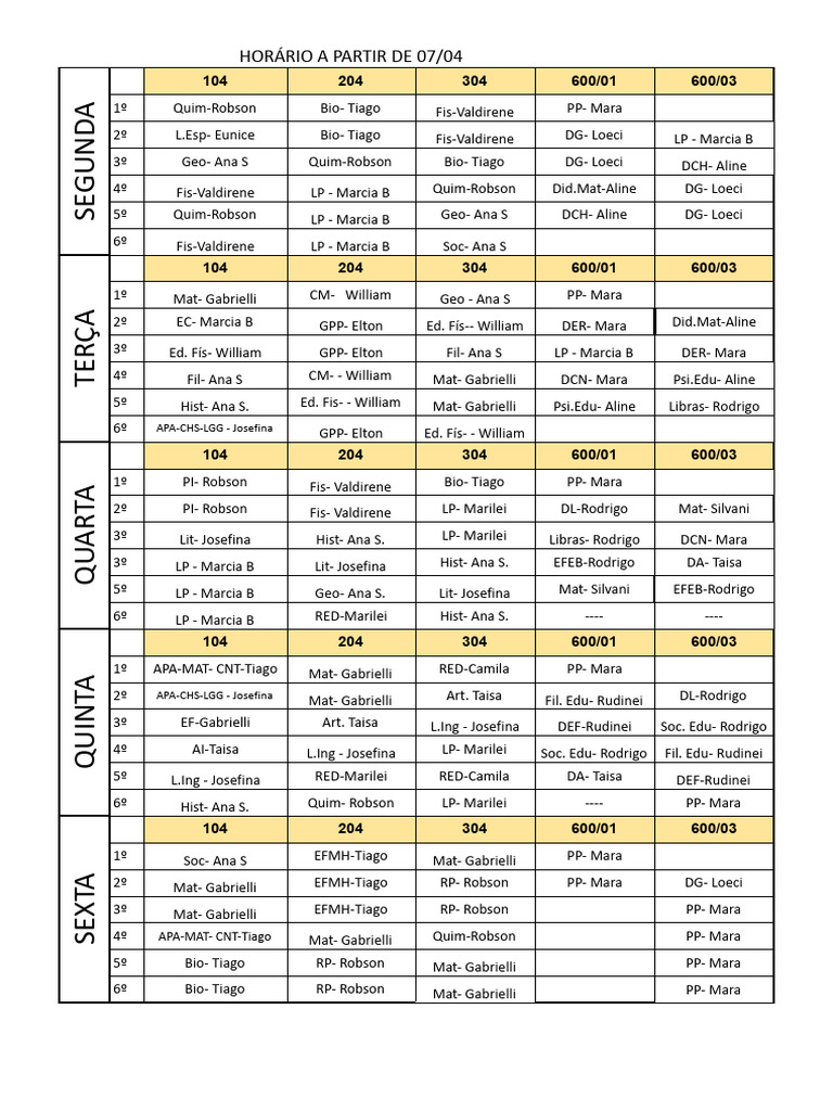 Horário Noturno 14-04 | PDF