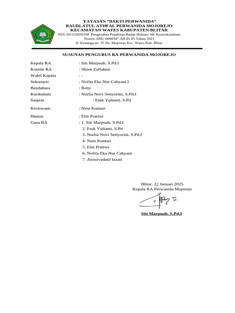 susunan pengurus RA PWD MOjorejo | PDF