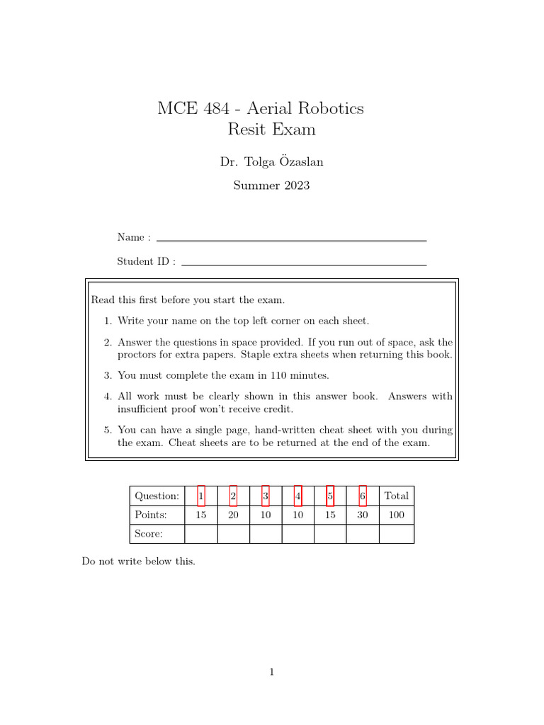 Aerial Robotics Sample Final Exam | PDF | Rotation | Mathematical Physics
