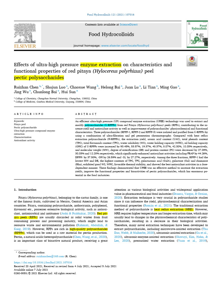 Effects of Ultra-High Pressure Enzyme Extraction On Characteristics of ...