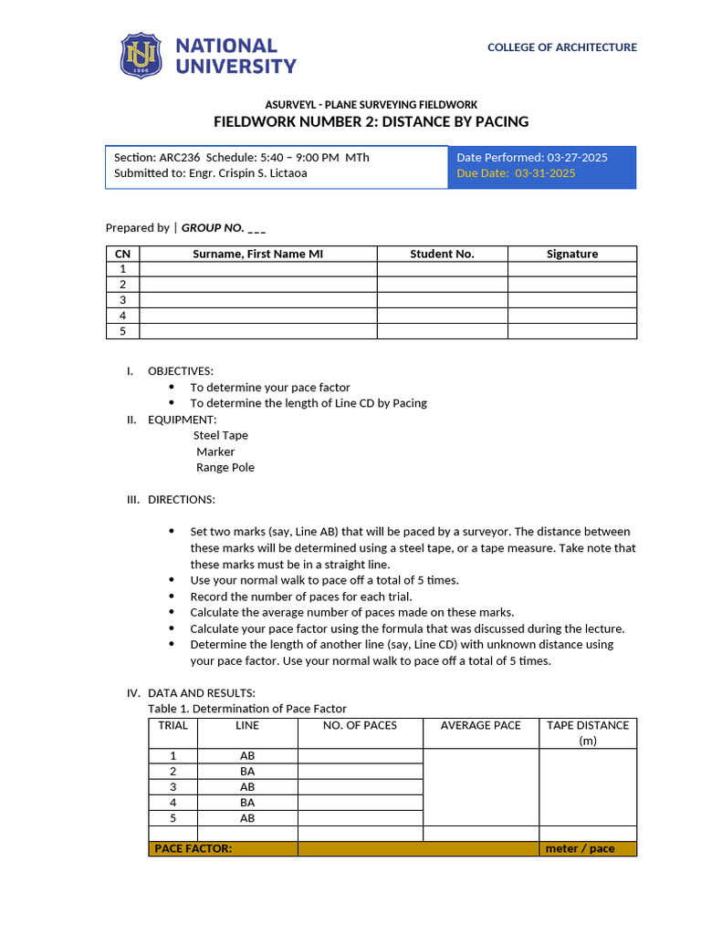 Fieldwork Report 2 - Distance by Pacing 1 | PDF | Surveying