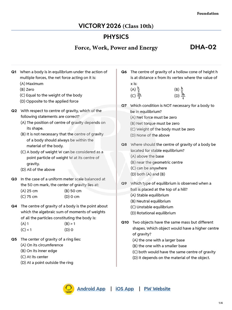 Force, Work, Power and Energy - DHA 02 - VICTORY 2026 (Class 10th ...