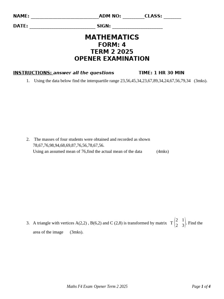 2025 Mathematics f4 Qs t2 Exam 1 Teacher - Co .Ke | PDF | Mathematics | Geometry