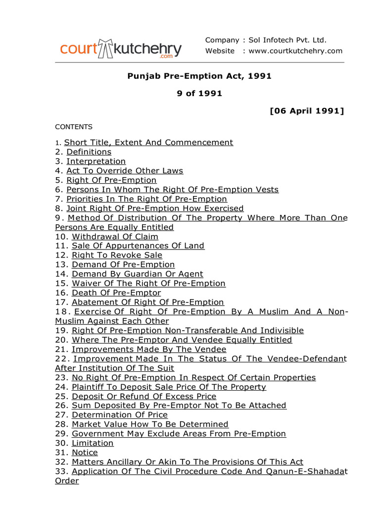Punjab Pre-Emption Act, 1991 | PDF | Prices | Lawsuit