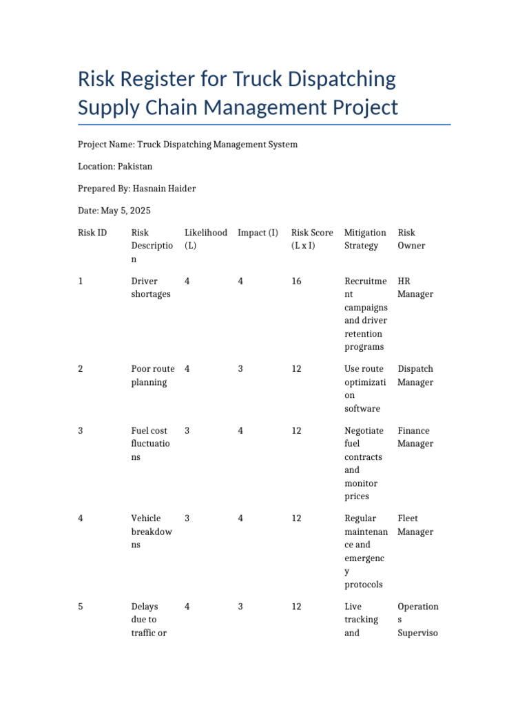 Truck Dispatch Risk Management Register | PDF | Transport