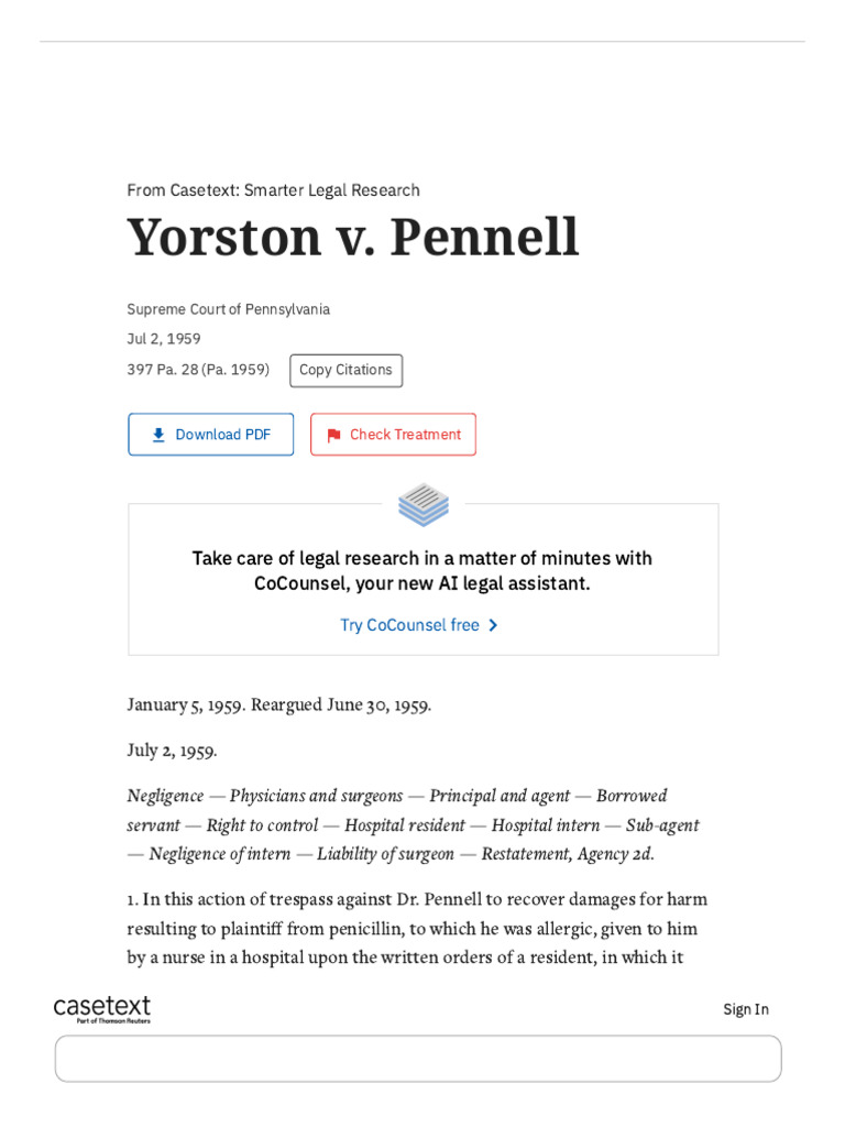 Yorston v. Pennell, 397 Pa. 28 - Casetext Search + Citator | PDF | Negligence | Hospital