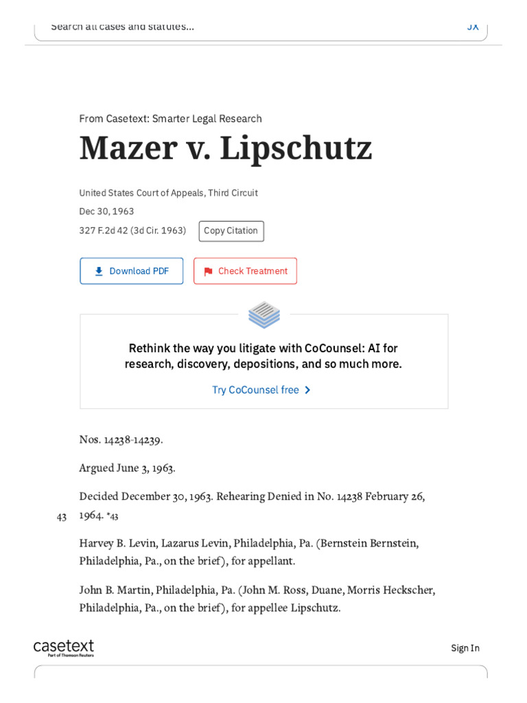 Mazer v. Lipschutz, 327 F.2d 42 - Casetext Search + Citator | PDF ...