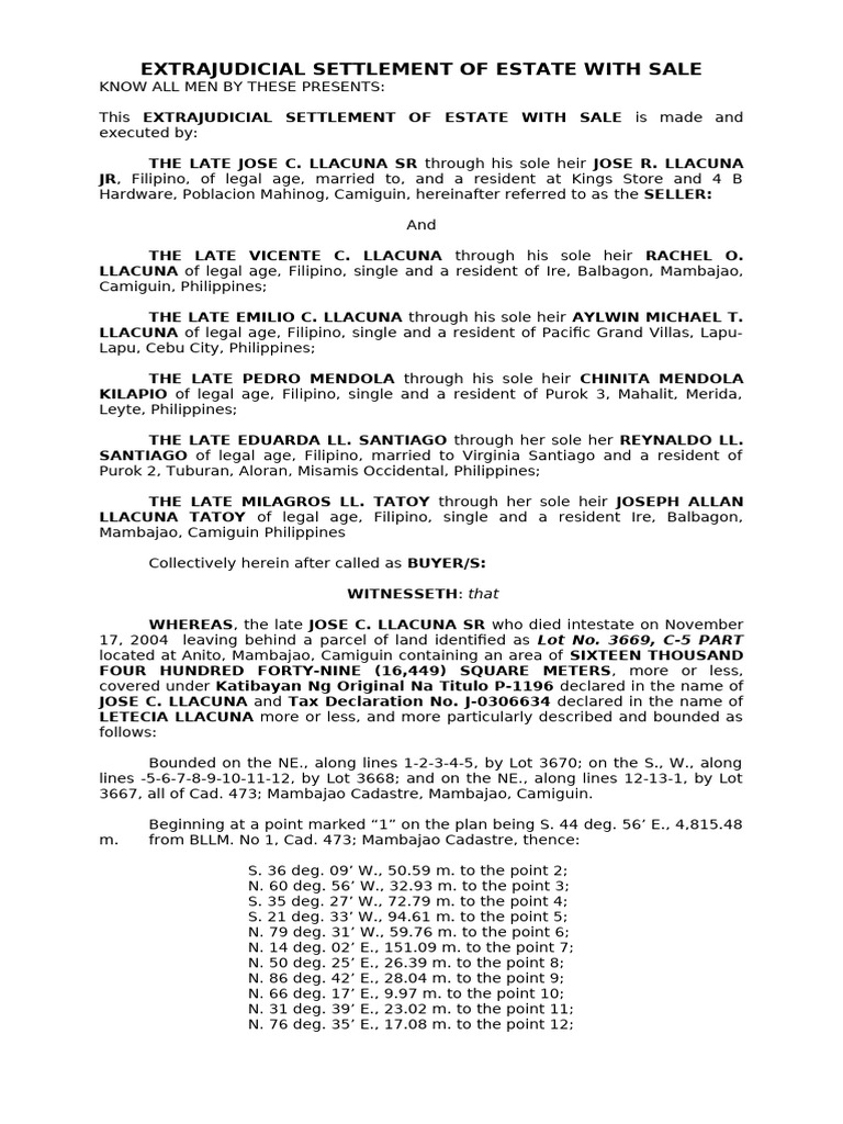 Extrajudicial Estate Settlement Sale | PDF | Conveyancing | Property Law