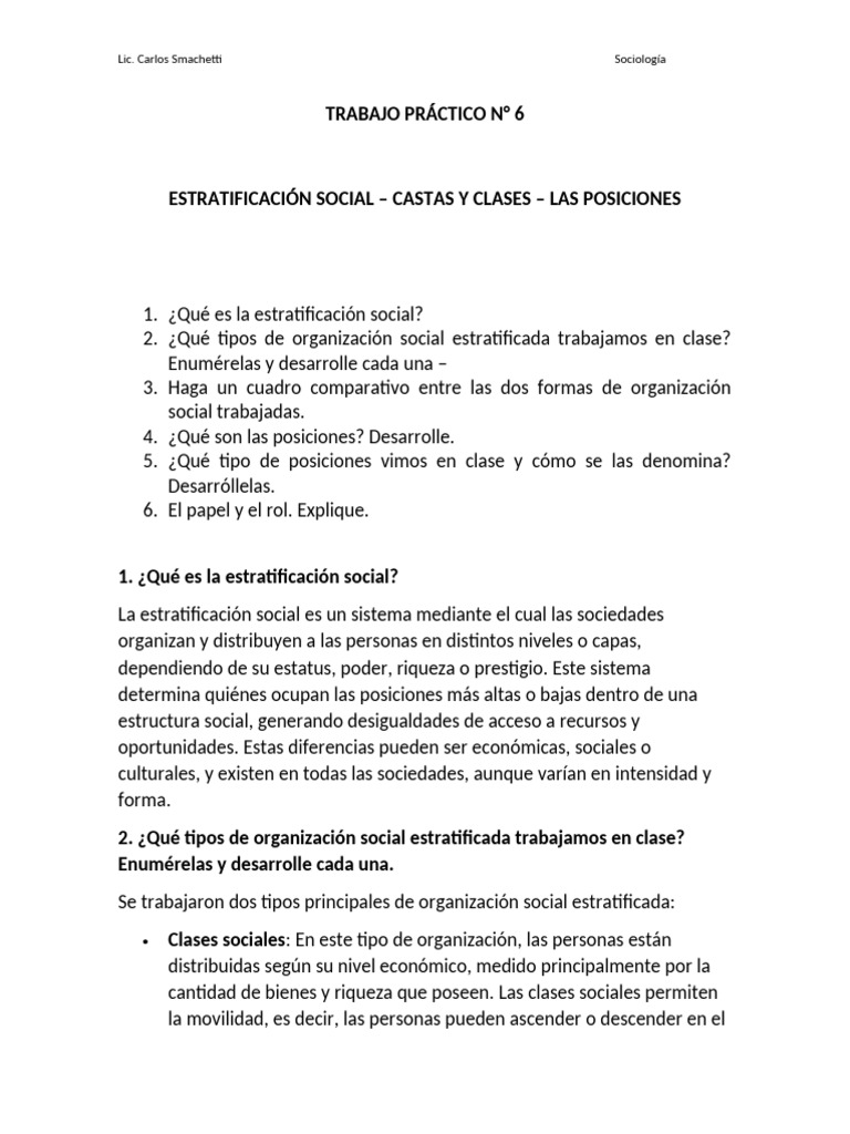 TRABAJO PRÁCTICO #6 - Boque 4 | PDF | Estatus social | Estratificación social