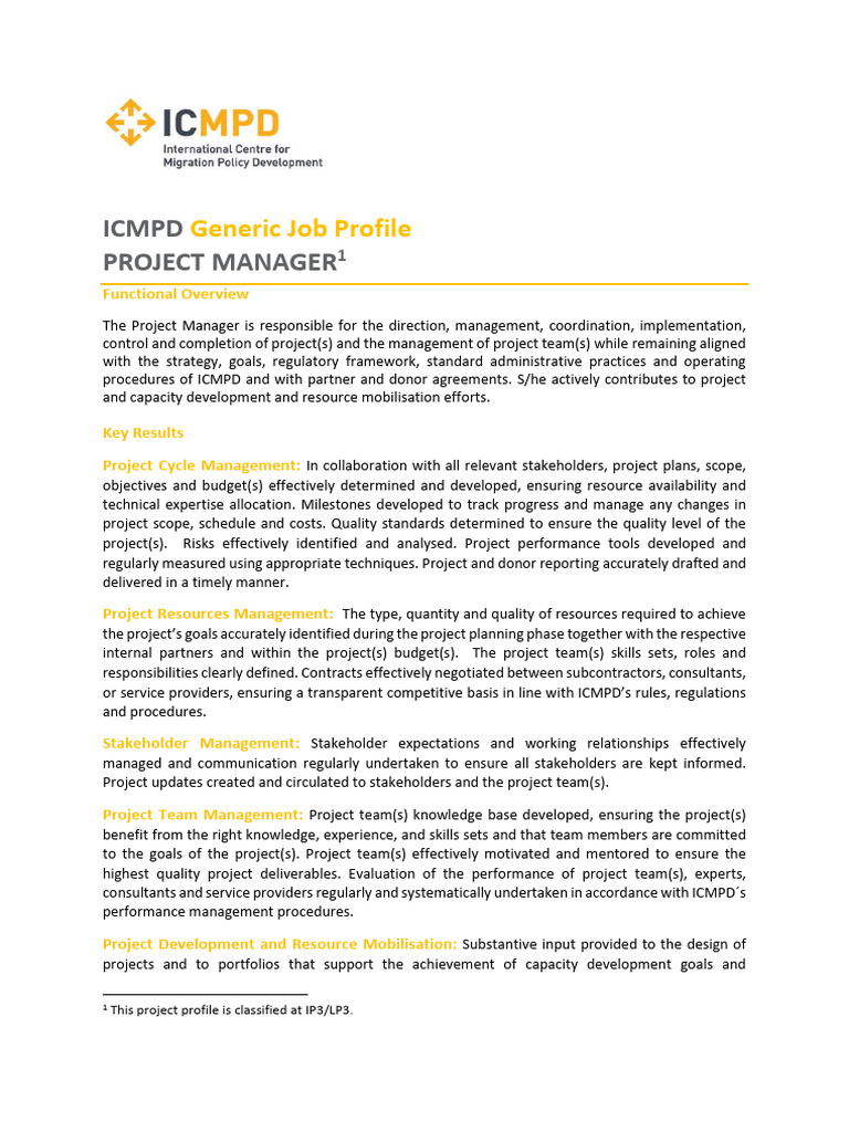 Job Profile Project Manager GENERIC IPLP3 FINAL | PDF | Capacity ...