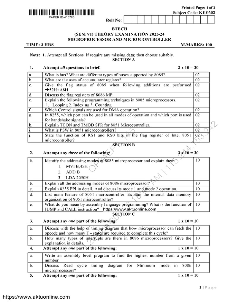 Btech Ee 6 Sem Microprocessor and Microcontroller Kee602 Jun 2024 | PDF