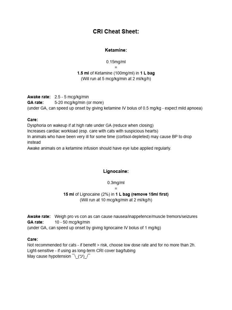 Veterinary CRI Anesthesia Cheat Sheet | PDF