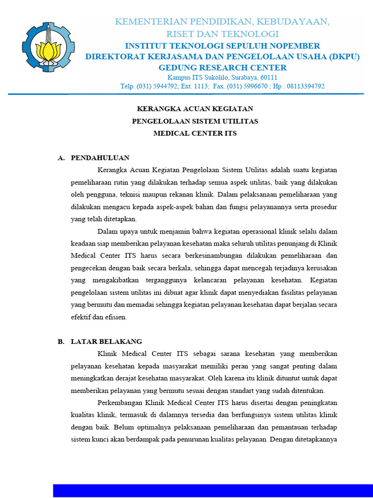 KERANGKA ACUAN KEGIATAN PENGELOLAAN SISTEM UTILITAS | PDF