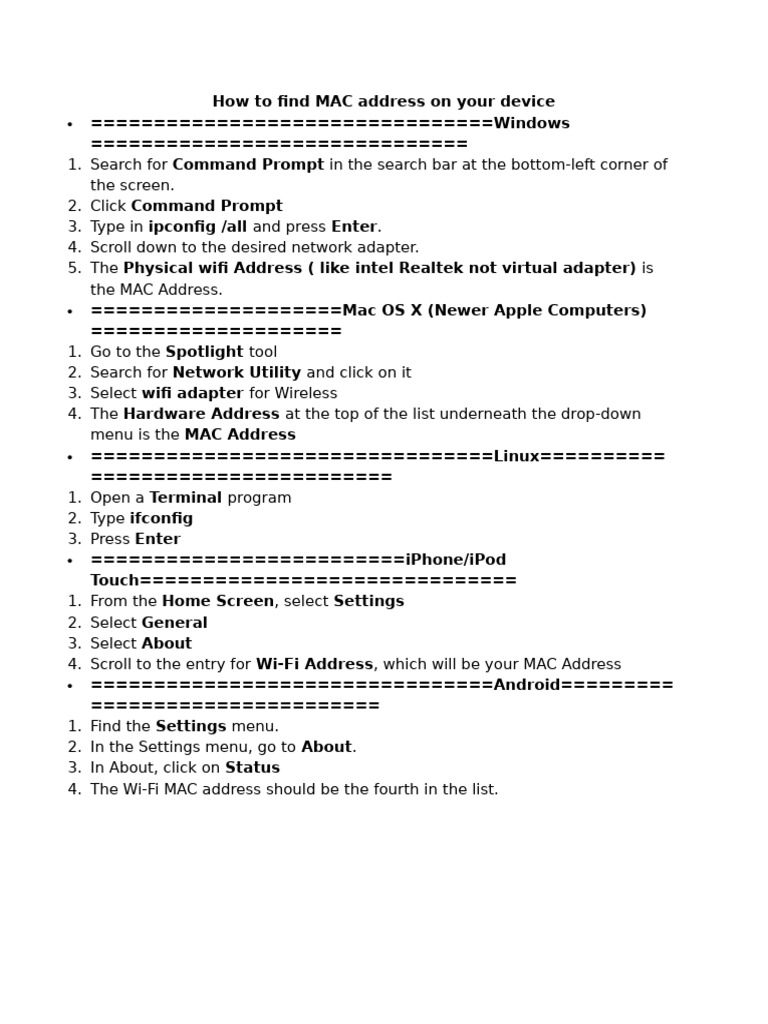 Finding MAC Address on Various Devices | PDF