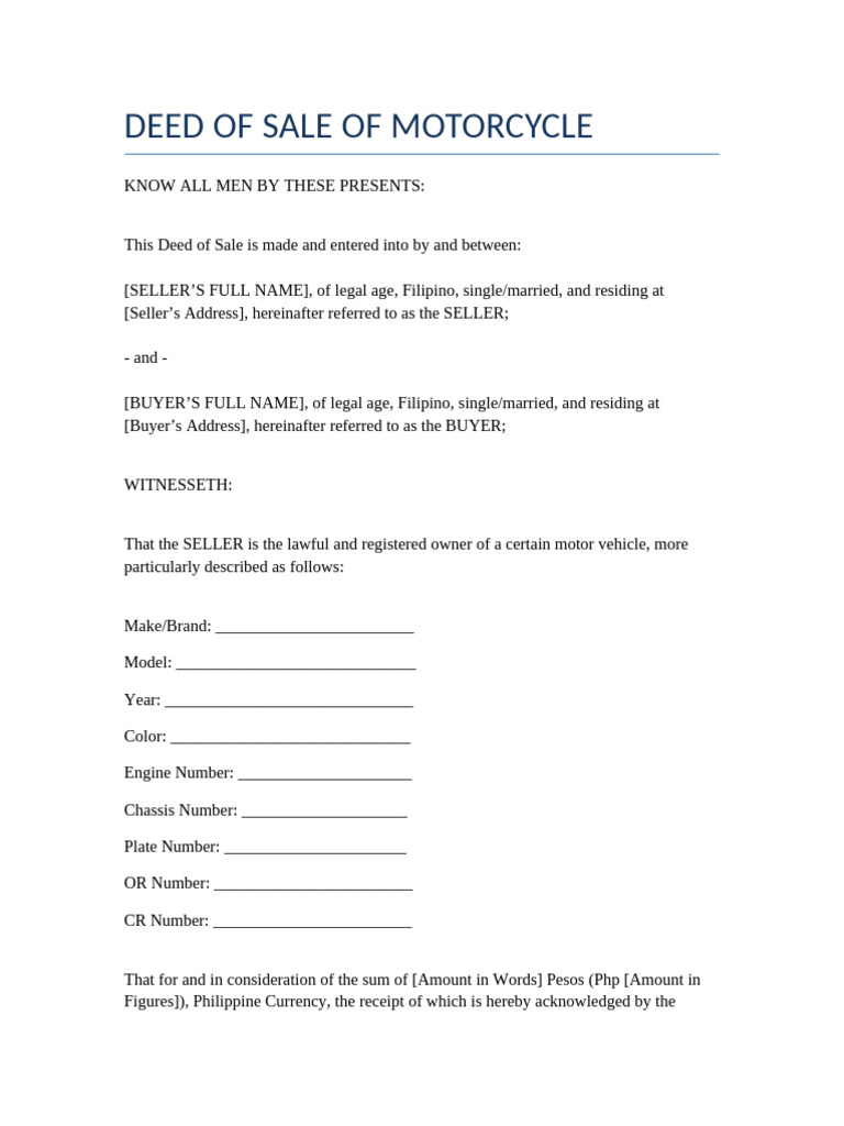 Deed of Sale Motorcycle | PDF