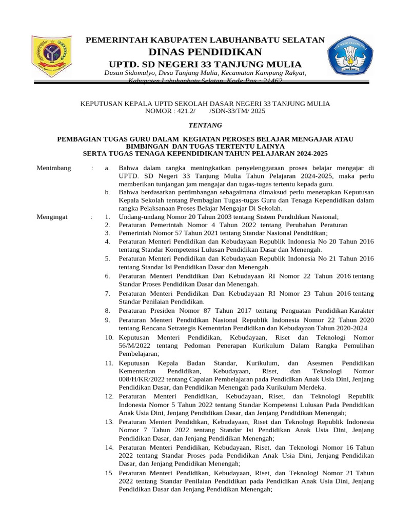 Pembagian Tugas Guru SDN 33 Tanjung Mulia | PDF