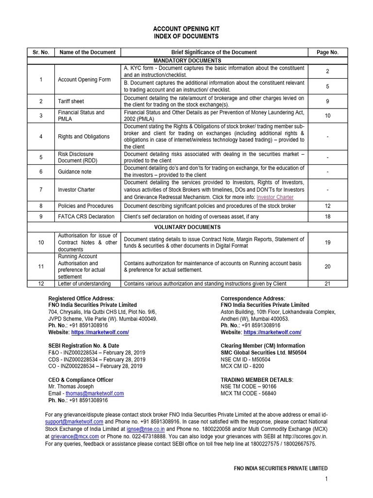 FNO India Securities Account Opening Kit | PDF | Identity Document ...