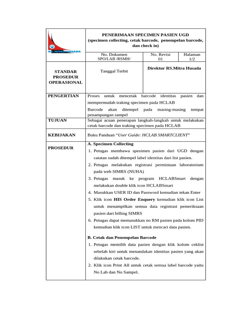 5.1. SPO Penerimaan specimen Pasien UGD (Spesimen Collecting, Cetak ...