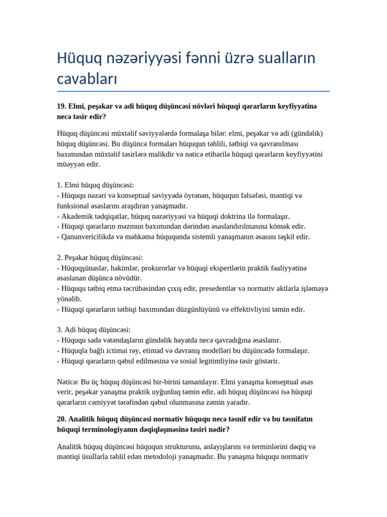 Huquq Dusuncesi Suallar Cavablar | PDF