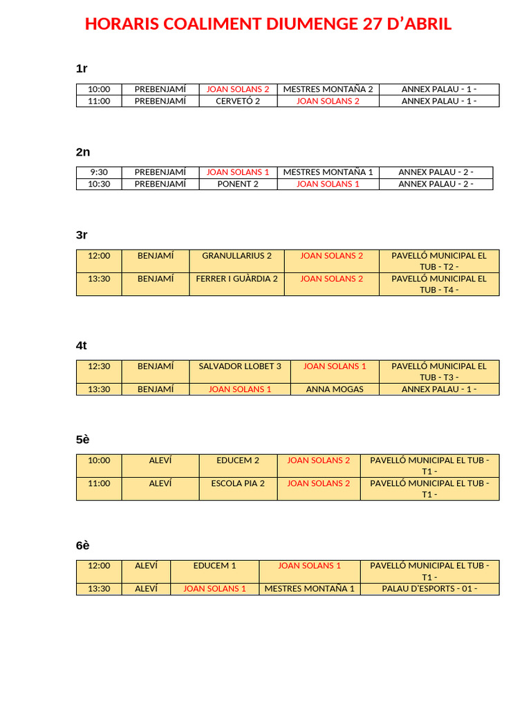 Horaris Coaliment | PDF