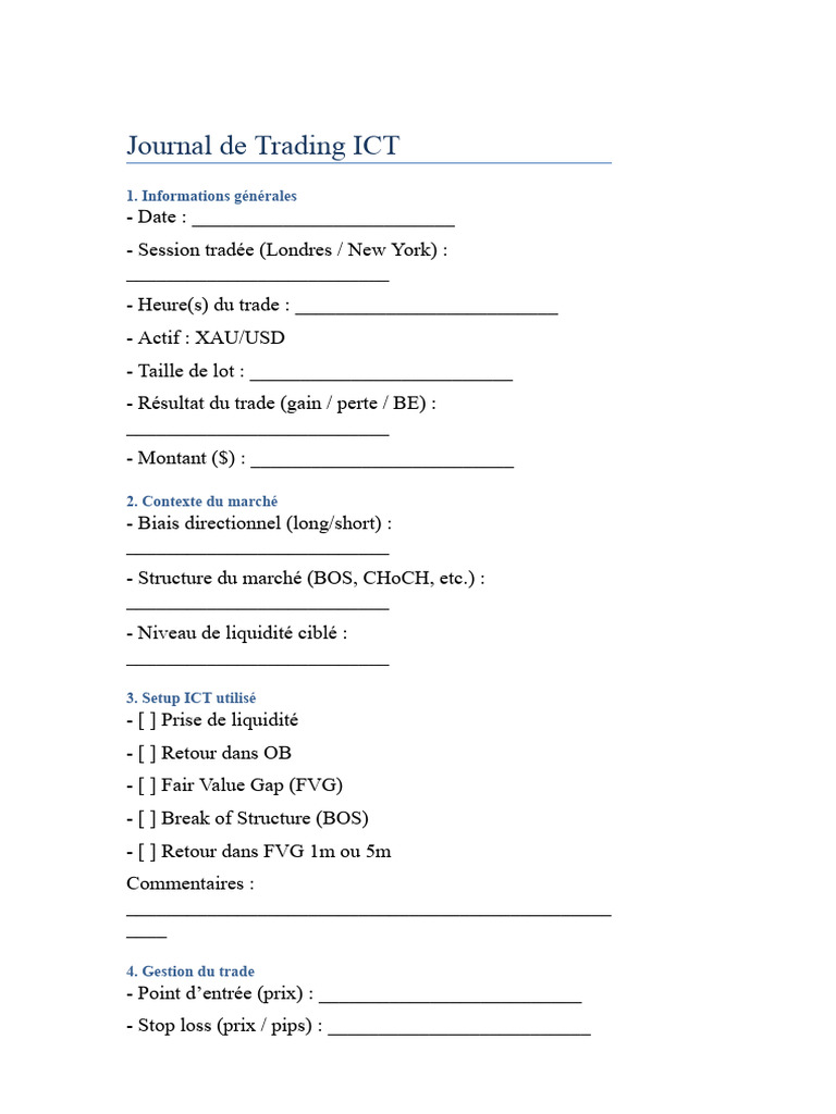 Journal de Trading ICT Gratuit | PDF