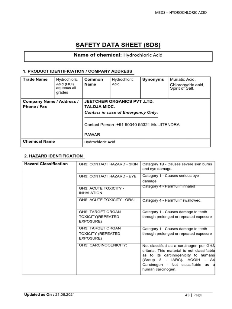 HCL MSDS | PDF | Respiratory System | Hydrochloric Acid