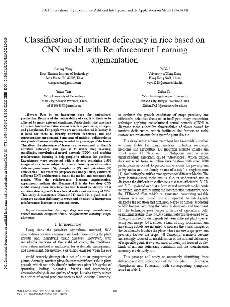 Classification of Nutrient Deficiency in Rice Based On CNN Model With ...