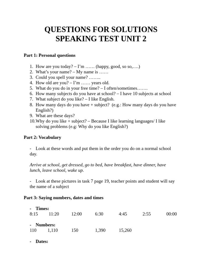 Questions For Solutions Speaking Test Unit 2 | PDF